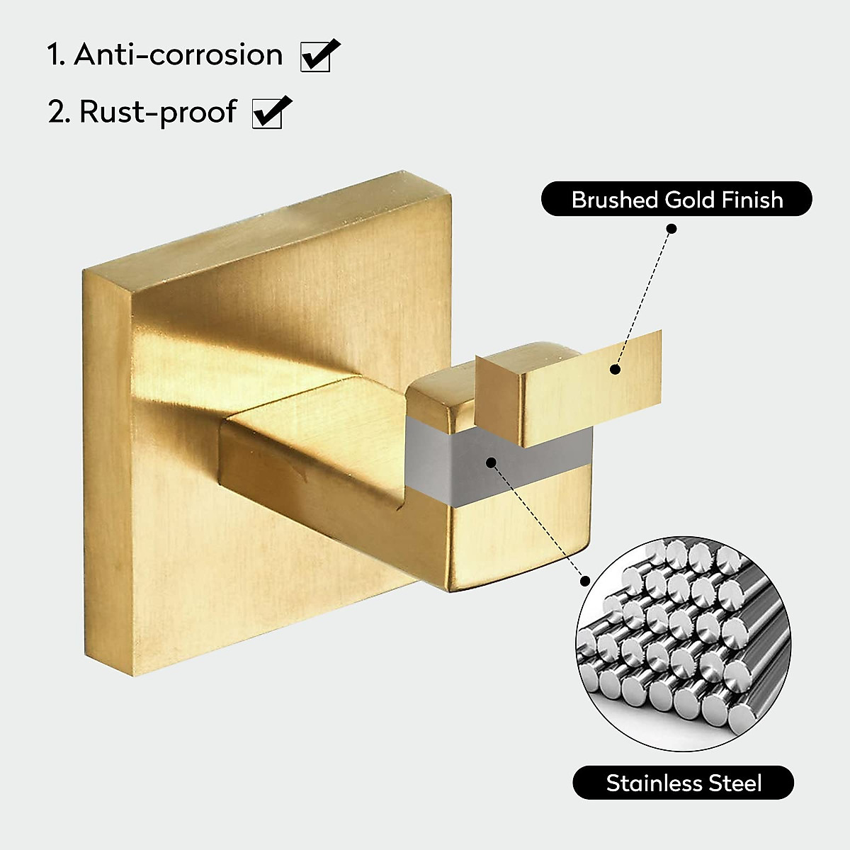 BATHSIR Brushed Gold Towel Hooks, Bathroom Robe Hooks Wall Mounted Coat Hook 2 Pack Stainless Steel