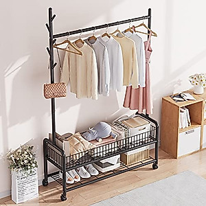 OTBK Rolling Metal Coat Rack Two Shelves Clothing Hooks Garment Rack Organizer with Wheels Bottom Shelves for Clothes Hats Bags (Color : Black)