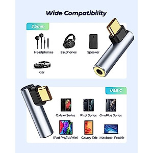 2 Pack USB C To 3.5mm Audio Adapter, USB Type C To 3.5mm Female Headphone Jack Dongle Aux Adapter DAC Stereo HiFi Right Angle For iPad Pro Air 5 4, Pixel 7 Pro, Galaxy S23 S23+ S23 Ultra S22 S21 S20
