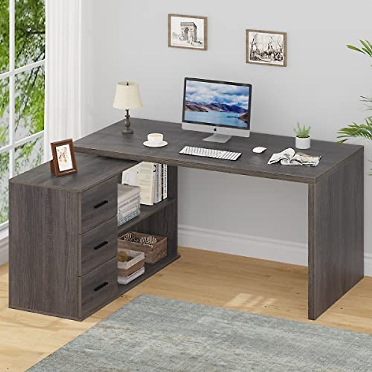 HSH L Shaped Desk with Drawers, L Shape Computer Desk with Storage Cabinet Shelves, Reversible Modern Industrial Home Office Corner Desk, Rustic Wood Executive Writing Gaming Study Table, Gray 55 Inch