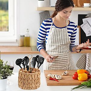 Kitchen Utensil Holder for Countertop, Silverware Caddy Natural Woven Flatware Caddy with 3 Compartments, Cooking Utensil Organizer Condiment Picnic Cutlery Caddy Large Utensil Holder for Party
