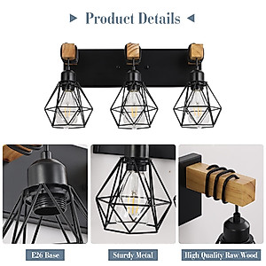 Farmhouse Vanity Light for Bathroom, 3-Light Wood Bathroom Vanity Light Fixtures Over Mirror, Rustic Sconces Wall Lighting with Metal Lampshade for Living Room, Bedroom, Hallway