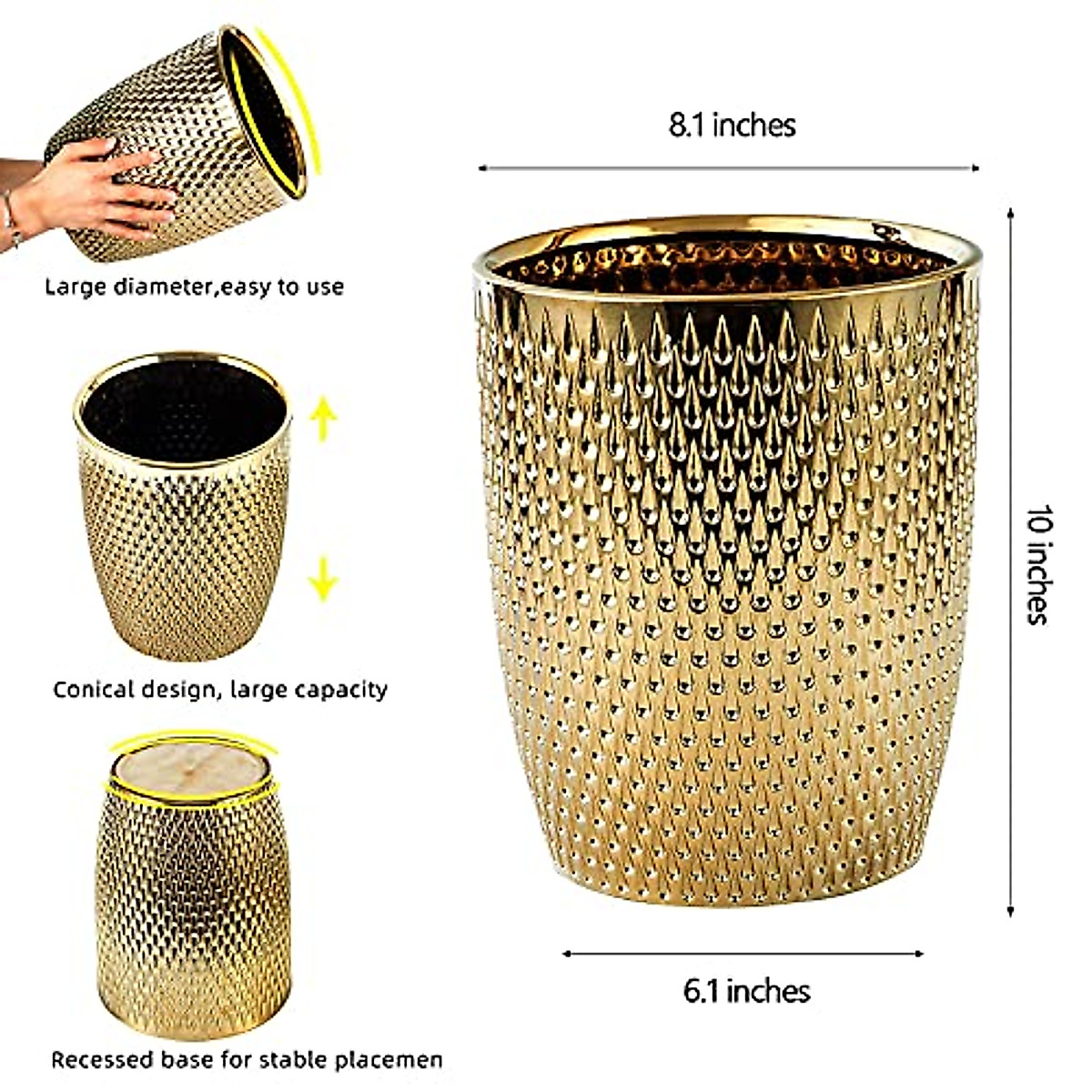 Modern Golden Small Trash Can Wastebasket, Garbage Container Bin for Bathrooms, Powder Rooms, Kitchens, Home Offices - Durable Ceramics - Round