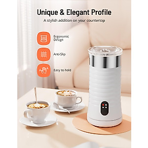 Milk Frother, 4-in-1 Milk Frother and Steamer, Frother for Coffee, Hot & Cold Foam Maker for Latte, Cappuccino, Macchiato, Electric Milk Frother Warmer with Silent Operation & Auto Shut-off (White)