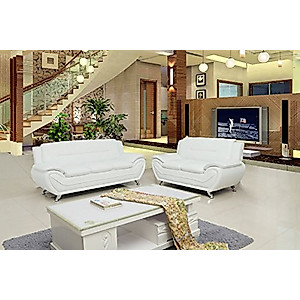 Container Furniture Direct Michael Modern Faux Leather Upholstered Stainless Steel Legs Living Room Sofa, White Dove