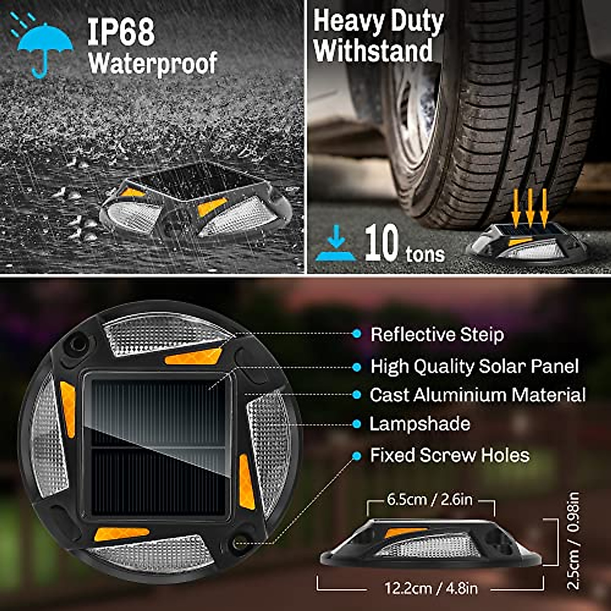 XURISEN 2-in-1 Solar Deck Lights, Dock Lights Solar Powered 4 Pack 12 LED Driveway Markers 1200mAh Outdoor IP68 Waterproof Light for Walkway Step Pathway Garden Yard