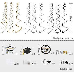 Decor365 Gold Black Silver Graduation Decorations Hanging Swirls Congrats Grad Banner Black Graduation Cap Stars Adventure Begins Dangling Home Classroom Decor for High School/College/University