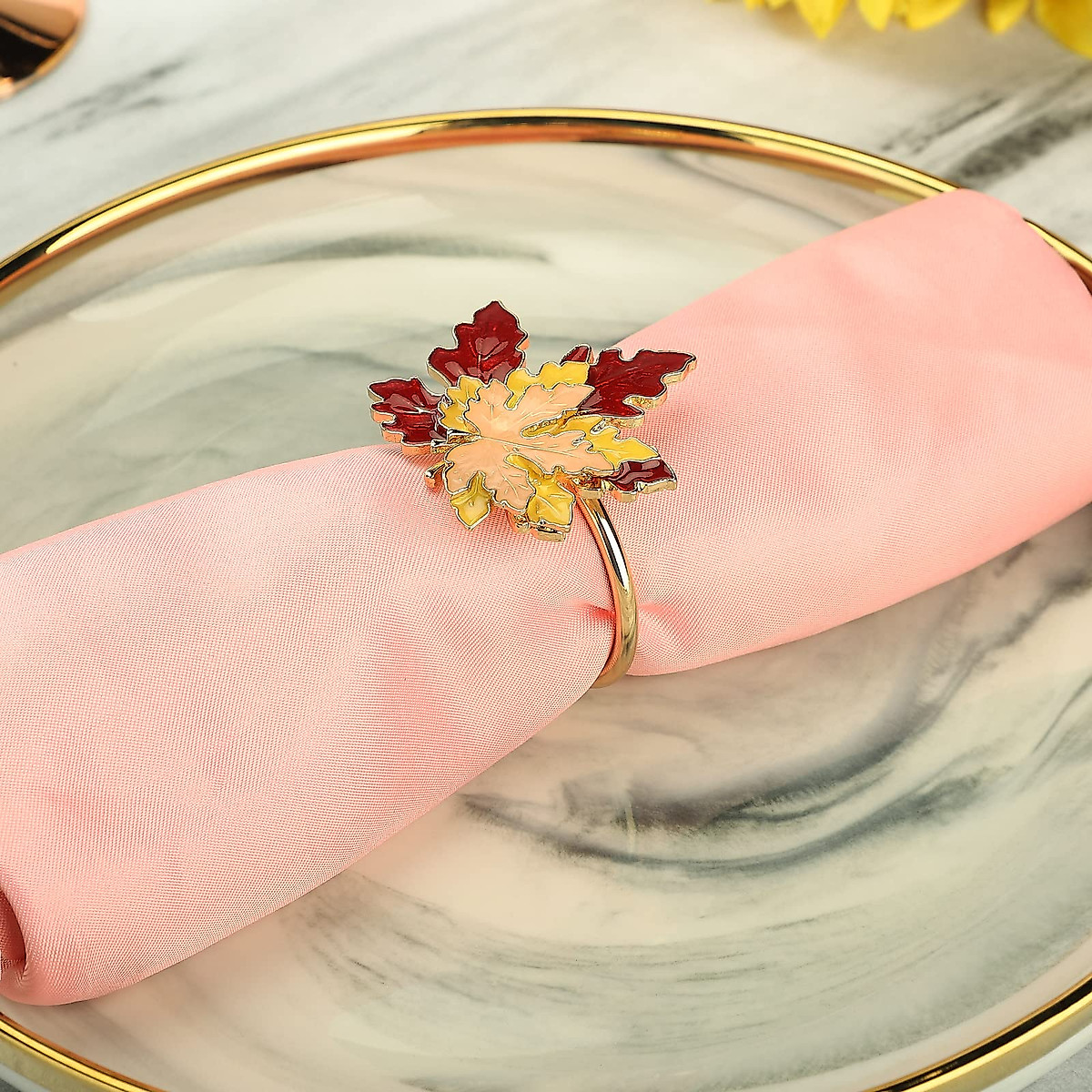 Mokylor 8 Pcs Maple Leaves Napkin Ring, Fall Metal Napkin Ring Holder Maple Leaves Serviette Buckle Holder Autumn Leaf Napkin Buckle for Harvest Season Thanksgiving Fall Decoration