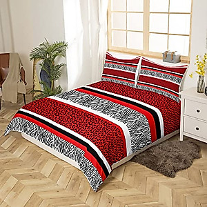 Erosebridal Red Leopard Bedding Set Twin Black White Zebra Cheetah Print Comforter Cover for Boys Girls Adults Wildlife Animal Duvet Cover Leopard Cheetah Bedspread Cover Wild Theme Room Decor 2 Pcs