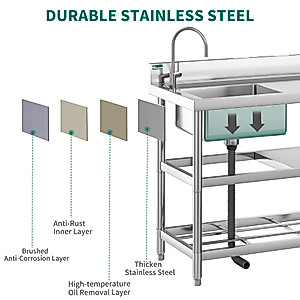YITAHOME Kitchen Sink Stainless Steel Single Bowl Freestanding Commercial Sink with Drainboard for Restaurant, Utility Sink w/Workbench & Double Storage Shelves for outdoor 39" W x 20" D x 37" H