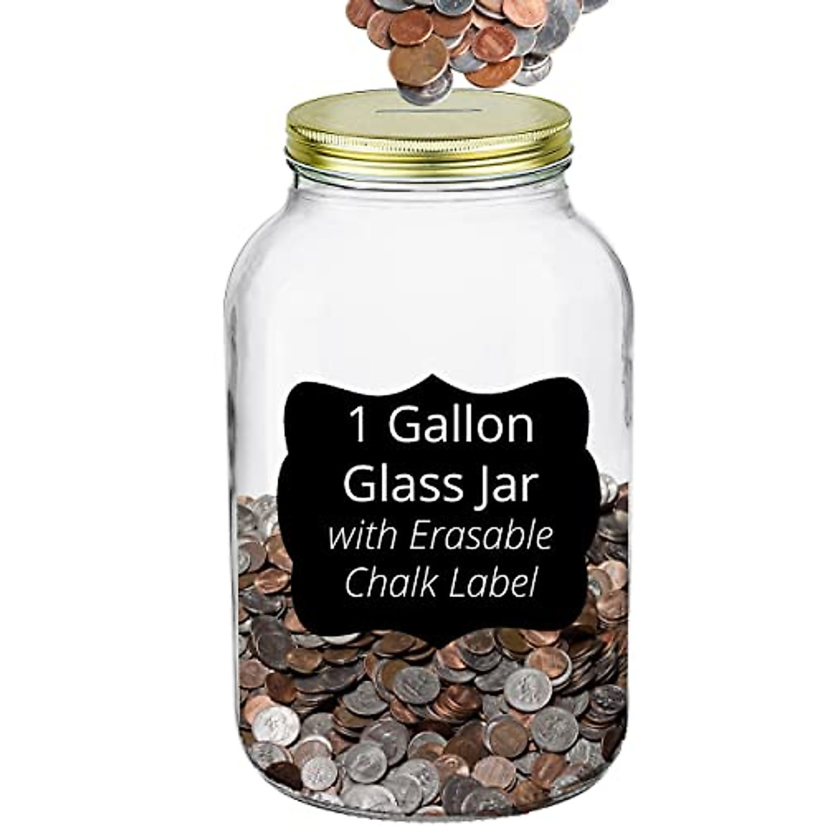 Large Coin Bank Jar for Adults - Giant One Gallon Glass Piggy Bank for Adults with Gold Slotted Metal Lid, Clear Tip jar for Money, Coin Jar for Adults, Money jar for Adults, Raffle Ticket Holder