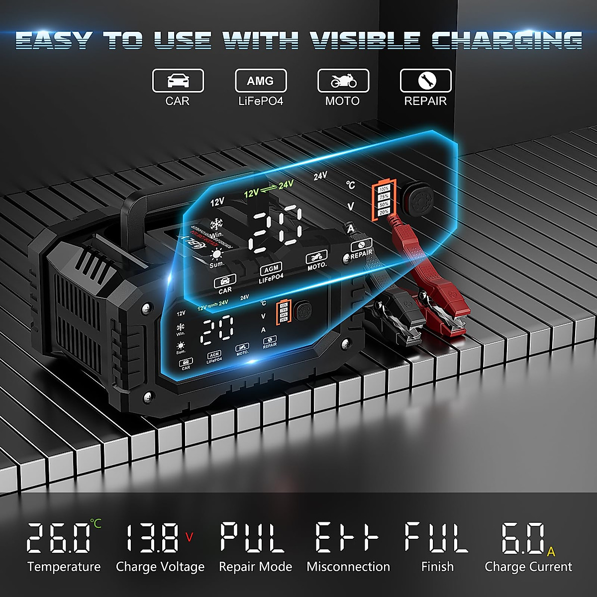 ABLY Battery Charger 20A 12V/24V LiFePO4 Lead Acid Fully Automatic Battery Maintainer, Car Battery Trickle Charger Automotive w/Battery Repair, Winter Mode, for AGM, STD, Gel, Deep Cycle Batteries