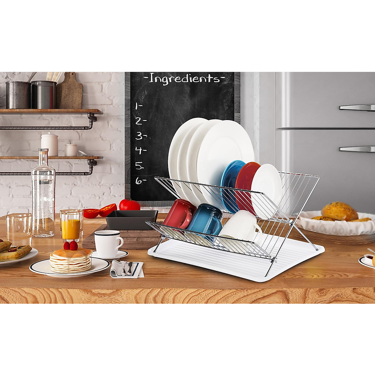 Youeon Foldable Dish Drying Rack with Drainboard, Stainless Steel 2 Tier Dish Drainer Rack, Collapsible Dish Drainer, Folding Dish Rack for Kitchen Sink, Countertop, Cutlery, Plates, Dishes