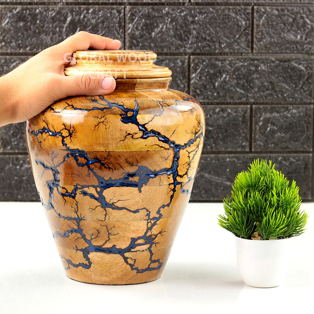 Hand Crafted Mango Wood and Resin Urn | Wooden Cremation Urns Adult Pet,Male & Female Ashes Handmade Fractal Turn Wood Human Ash for Storge (Large) Capacity (200) Cubic Inches
