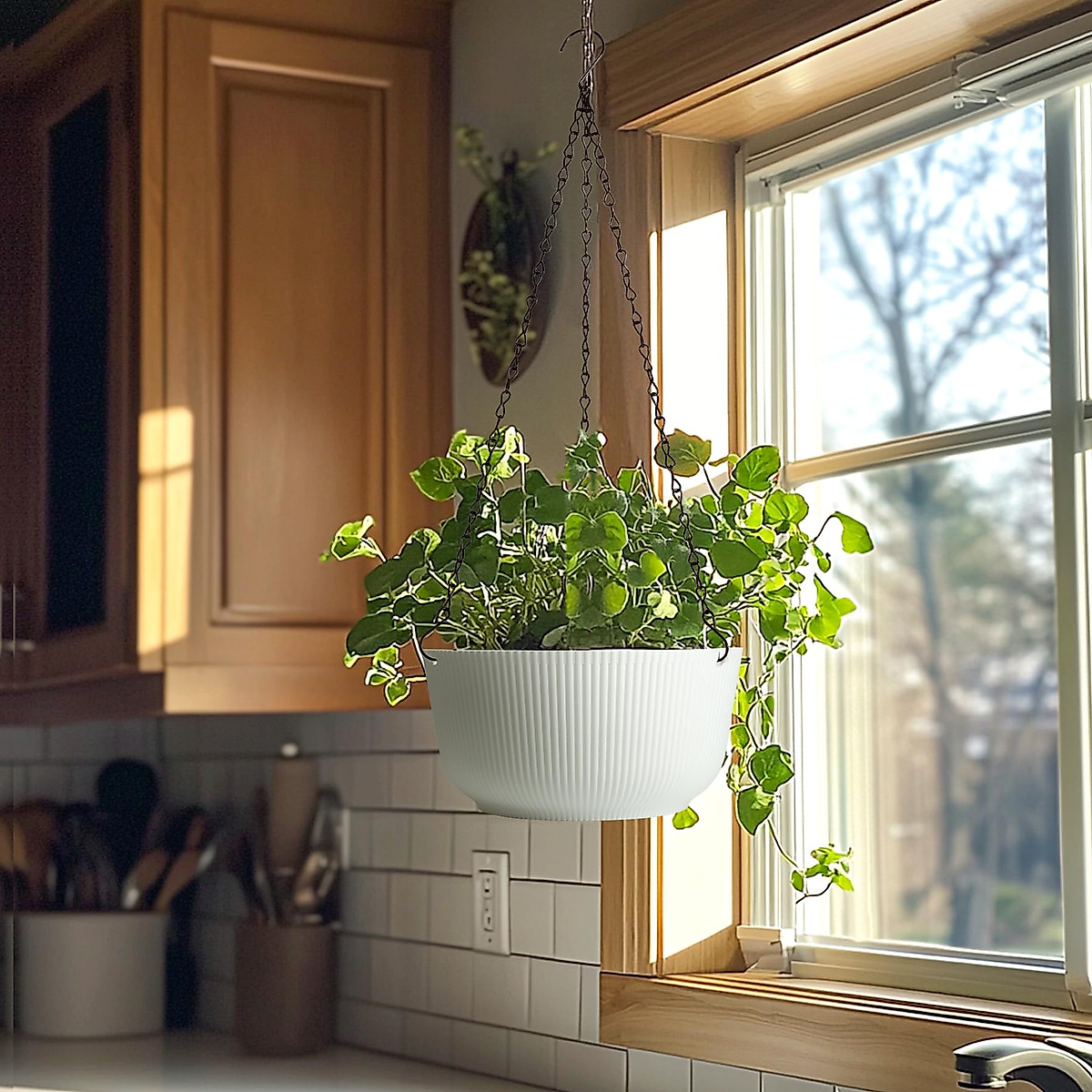 T4U 10 Inch Hanging Planters for Indoor Outdoor Plants, 2 Pack White Self Watering Hanging Plant Pot, Hanging Pots Set with Drainage Hole & Plug & Chain with 3 Hooks for Garden Home Decor