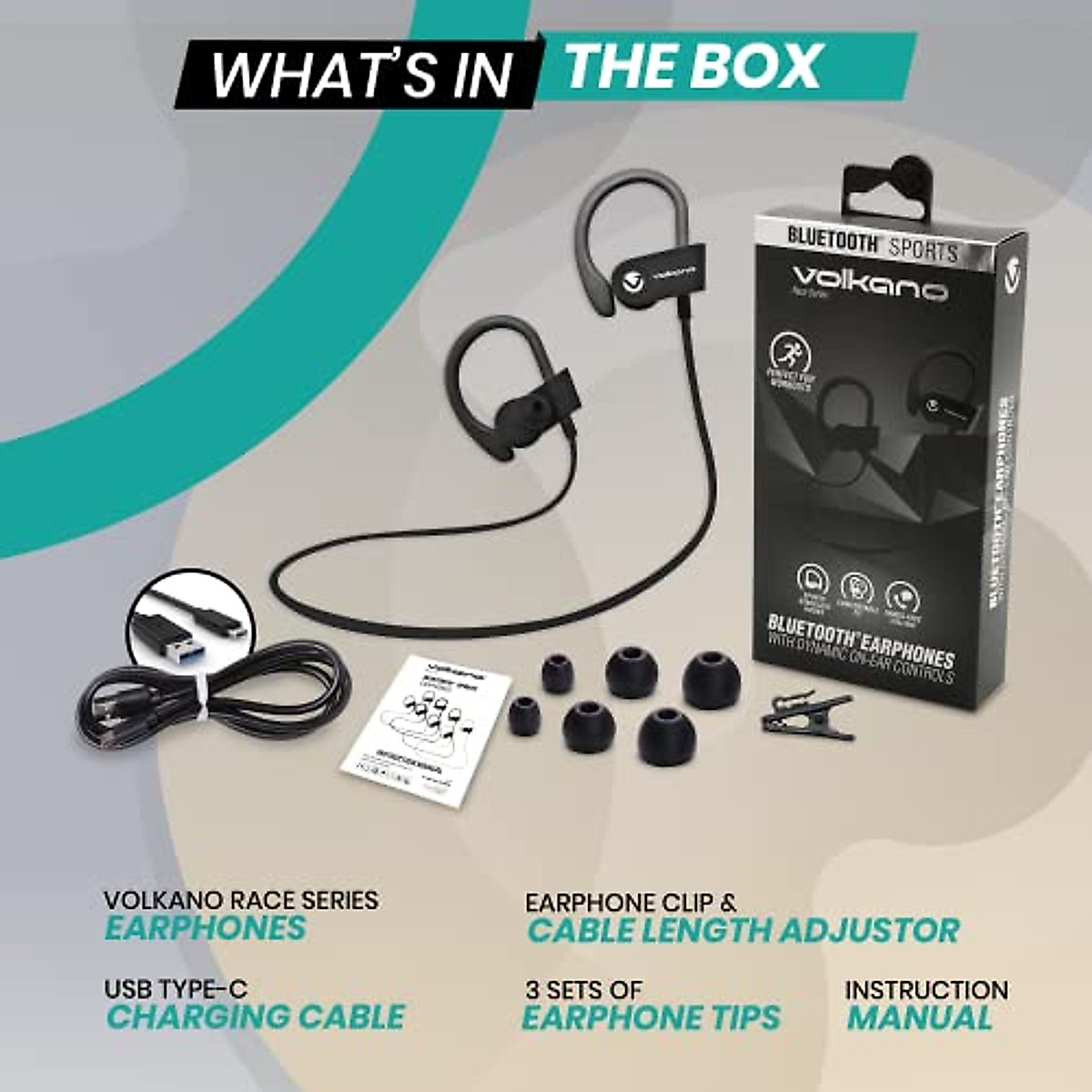 Volkano Wireless Earphones - Bluetooth 5.0 Sports Earbuds, Workout Buds Ear Hook Design for Running, Gym - Immersive Sound, Dynamic in Ear Control, 3 Hour Playback & USB Charger, Race Series (Black)