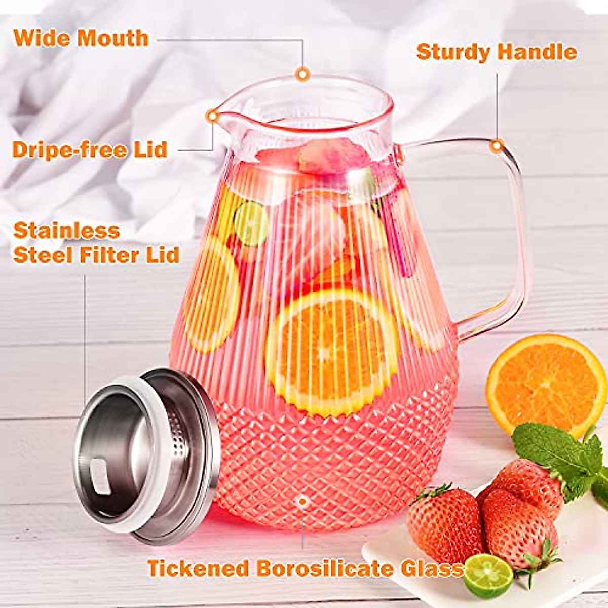 Glass Pitcher, veecom 80oz Glass Pitcher with Lid and Spout, Large Glass Water Pitcher for Juice, Lemonade and Hot&Cold Beverage, Iced Tea Pitcher for Fridge, Heat Resistant Glass Carafe with Brush