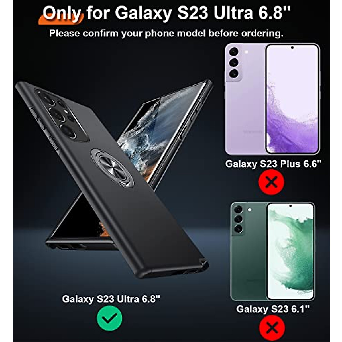 iDLike for Samsung Galaxy S23 Ultra Case, Military Grade Drop Test Shockproof Phone Case Cover with [Full Camera Lens Protection] [Invisible Ring Holder Kickstand],Black