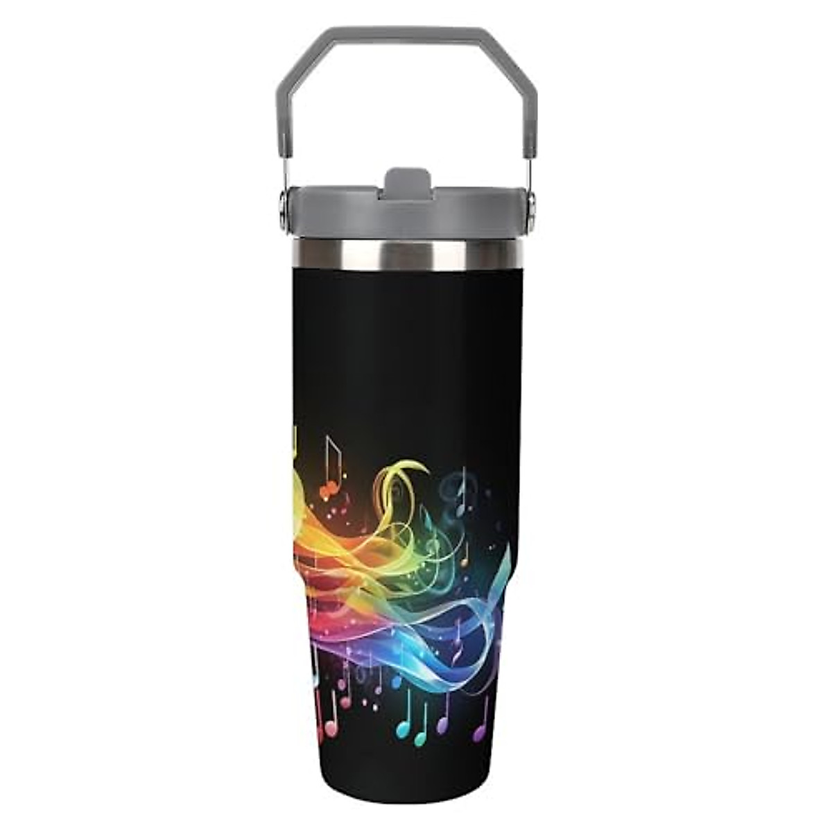 BWQJKUO Large Capacity Car Cup 30 Oz Stainless Steel Rainbow Musical Note Melody Printed Travel Mug Leak-proof Flip Straw Tumbler with Handle,keeps Cold Or Ho