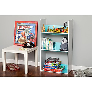 IRIS USA 3-Shelf Angled Bookshelf for Children, Short Inward Slant Bookcase Furniture for Kids Room Playroom Nursery to Safely Store and Organize Books Games Toys and Small Items, White and Blue