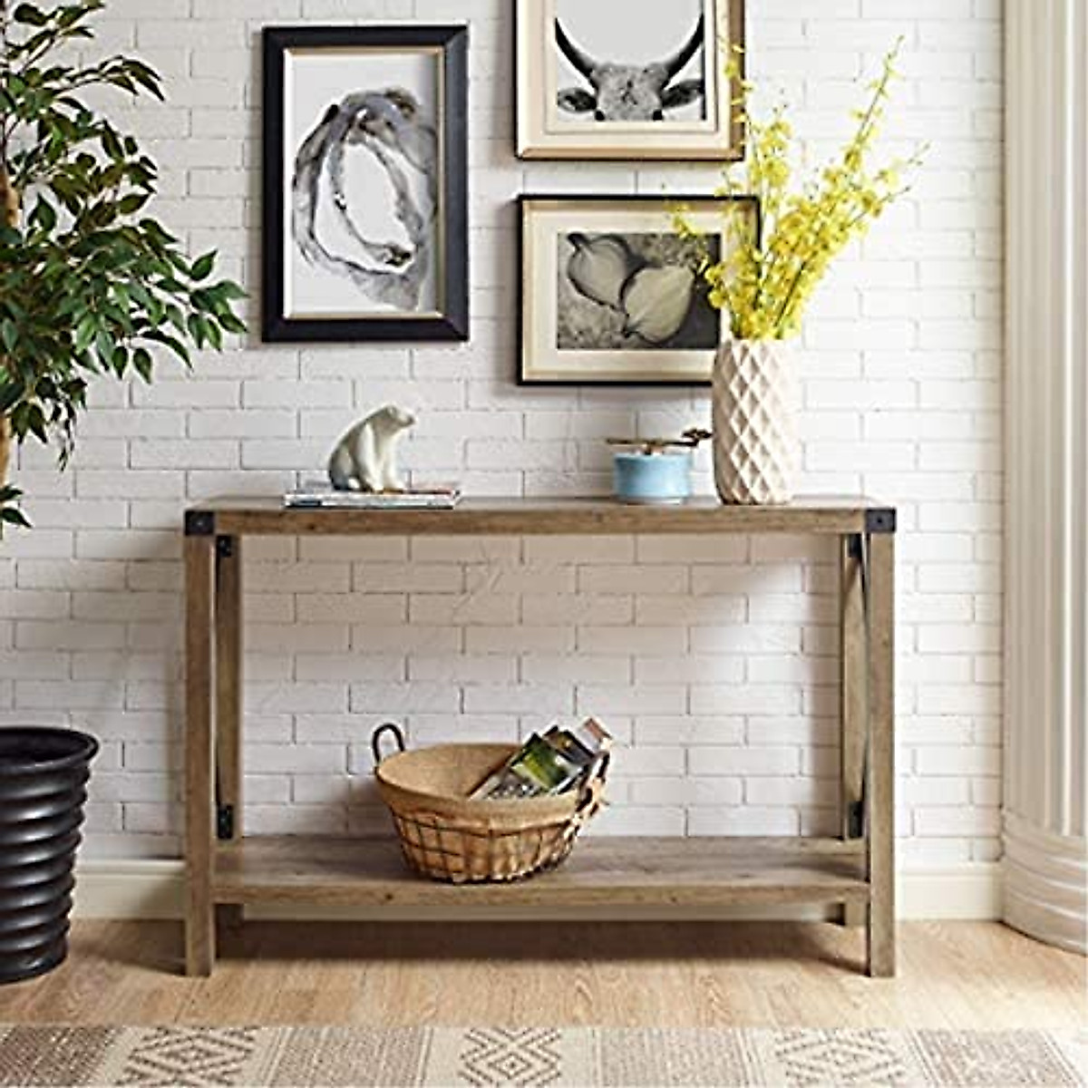 Walker Edison Sedalia Modern Farmhouse Metal X Entry Table, 46 Inch, Rustic Oak