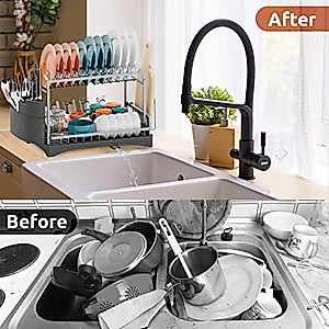 Dailyart Dish Racks for Kitchen Counter Aluminum 2-Tier Dish Drying Rack with Drainboard，Large Capacity 6-in-1 Dish Rack with 360°Swivel Spout, Never Rust Compact Detachable Dish Drainer, Gray