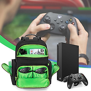 PGmoon Game Console Backpack Compatible with Xbox One/One S/ One X, Xbox Series S, Xbox 360/ 360 Slim, Travel Carrying Case Bag for 15.6’’ Laptop, Controllers, Cables (Patent Design)