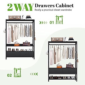 HOKEEPER Free Standing Closet Organizer with Drawers and Hooks, Heavy Duty Metal Clothes Clothing Garment Rack with Shelves Wardrobe Closet for Hanging Clothes Closet Storage Shelves for Bedroom Black