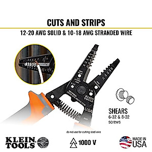 Klein Tools 11055RINS 1000V Insulated Klein Kurve Wire Stripper/Cutter Cuts and Strips 10-18 Solid and 12-20 Stranded AWG Wire