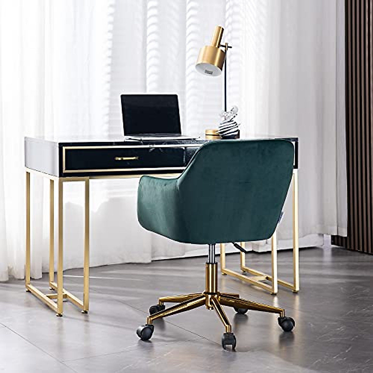 Mcltopz Desk Chair, Modern Velvet Home Office Chair, 360° Swivel Height Adjustable Office Chair with Gold Metal Legs, Vanity Makeup Chair Computer Task Chair for Home Office Living Room (Dark Green)