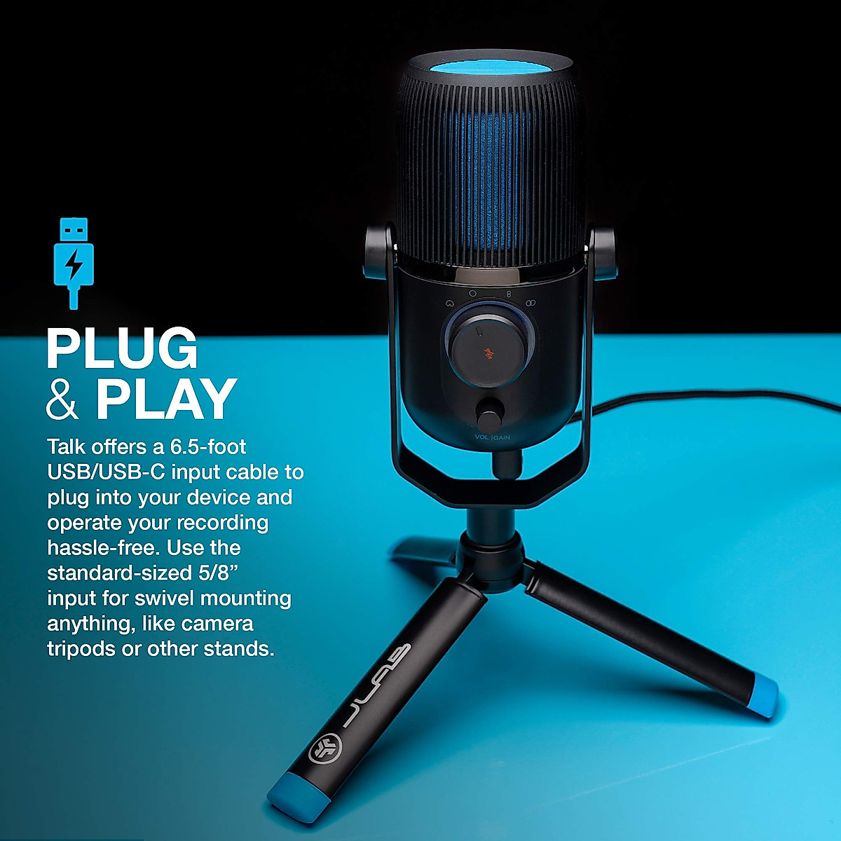 JLab Talk USB Microphone | USB-C Output | Cardioid, Omnidirectional, Stereo or Bidirectional | 96k Sample Rate | 20Hz - 20kHz Frequency Response | Volume, Gain Control, Quick Mute | Plug & Play