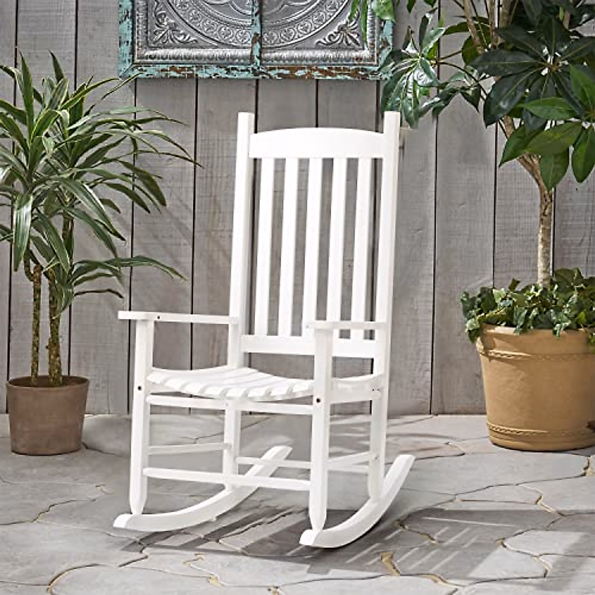 Yewuli Outdoor Patio Wooden Rocking Chairs Set of 2 Clearance,Porch Rockers Chair Outdoor with High Back and Handrail,Outside White Big and Tall Rocking Chairs Indoor for Porch,243LBS,White