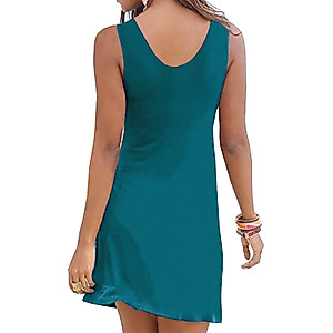 Womens Summer Teal Sun Dresses 2025 Vacation Casual Cute Sleeveless V Neck Empire Waist Loose Swing Ruched Knee Length Beach Tank Dress L