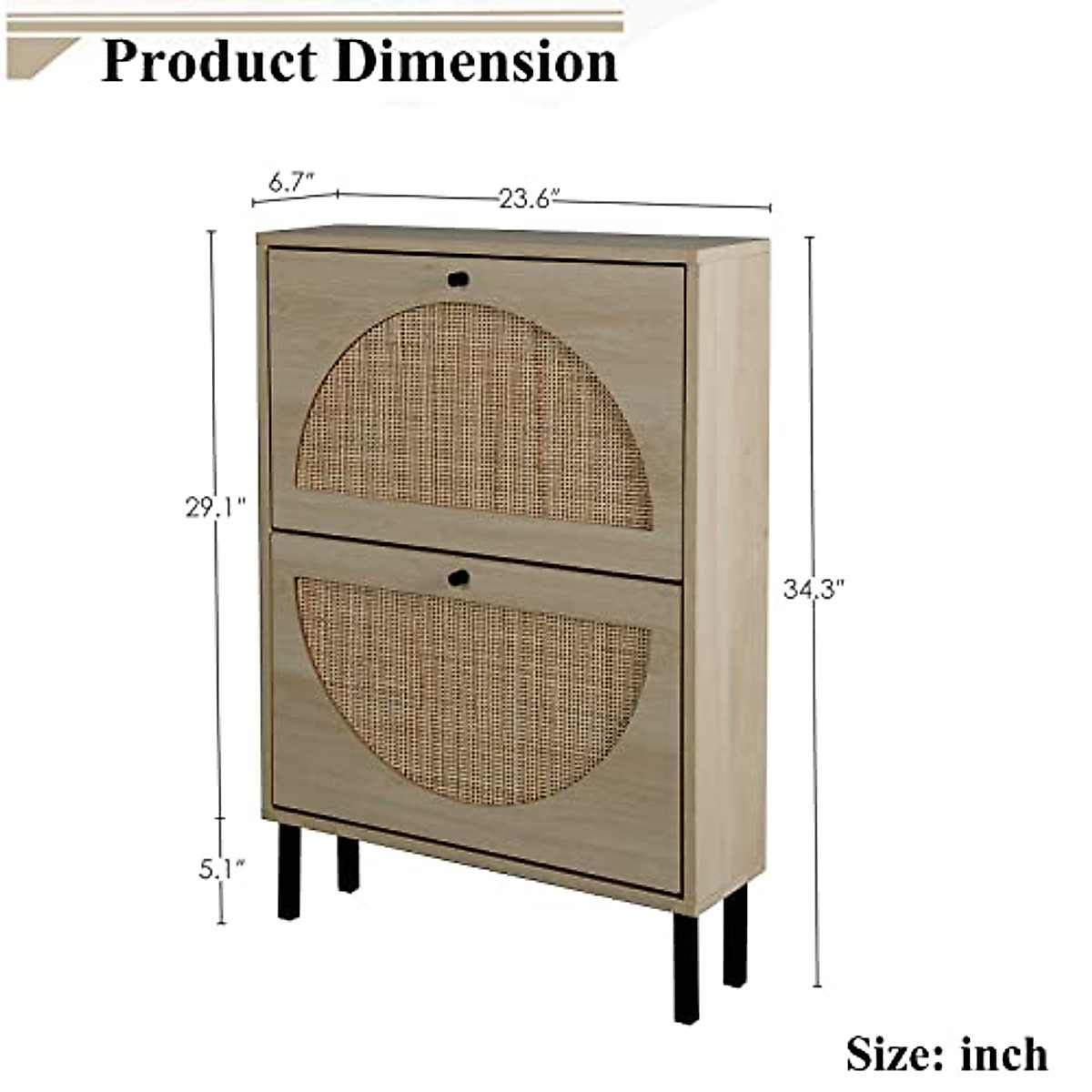 TehRecBT Rattan Shoe Cabinet with 2 Flip Drawers, Entryway Shoe Storage Cabinet with Flip Door & Metal Legs, Modern Freestanding Tipping Bucket Shoe Organizer for Entryway, Hallway, Bedroom