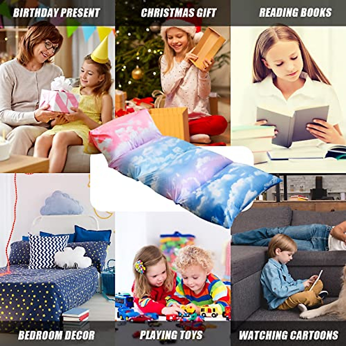 Mengersi Pillow Bed Floor Lounger Cover for Kids, Floor Pillow Case Bed Cover, Rainbow Kids Cot for Nap, TV Time, Reading,Requires 5 Pillows (Pillows Not Included),Queen, Pink and SkyBlue