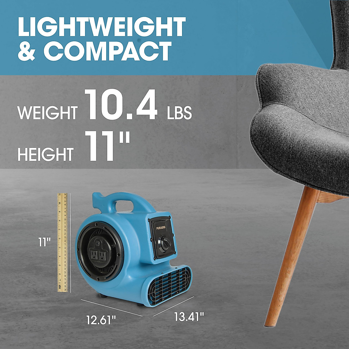 PURAERO Mini Air Mover | Carpet Dryer and Blower Fan | High-Velocity Floor Fan for Crawlspaces, Attics, Basements, Bathrooms | 1/5 HP 800 CFM | Water Damage Restoration, Grow Rooms | PA-200-AM | Blue