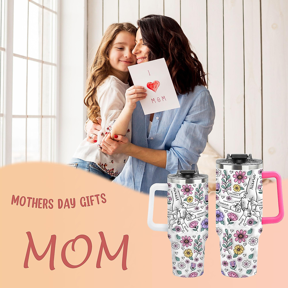 Personalized Mothers Day Birthday Gifts for Mom Nana Grandma, Custom You Hold Our Hands Also Our Hearts 2D 40oz Tumbler with Name, Customized Mother's Day Gifts from Daughter Son Kid, Travel Cup