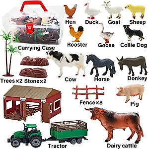 BOLZRA Mini Barn Farm Toys Playset, 66PCS Plastic Animals Figurines and Fence Farm Playset, Farm Figures Farmer Vehicle Toy Truck with Trailer for 3-12 Years Old Kids Boys Girls Toddlers