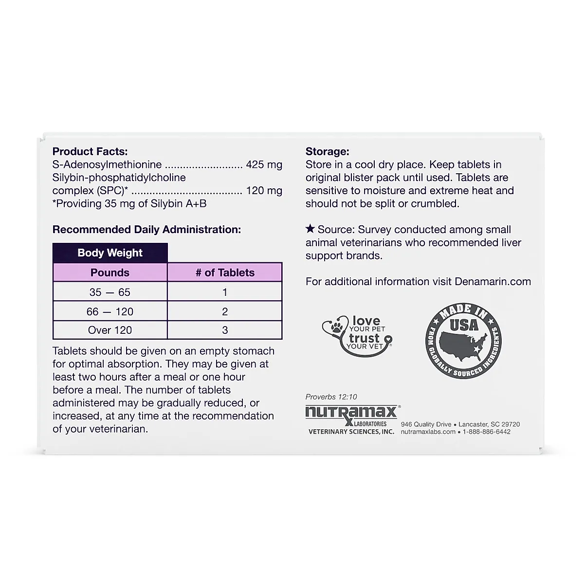Nutramax Denamarin Liver Health Supplement for Large Dogs - with S-Adenosylmethionine (Same) and Silybin, 30 Blister Pack Tablets