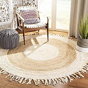 SAFAVIEH Cape Cod Collection 4' Round Beige / Natural CAP701B Handmade Boho Fringe Jute & Cotton Area Rug
