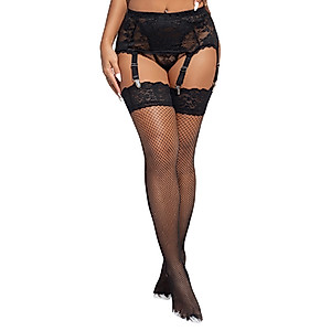 ohmydear Womens Garter Belt for Thigh Highs Plus Size Floral Lace Garter Belt with 6 Straps for Stockings (With Stockings) Black