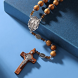 Faithful Catholic Wooden Rosary for Men, Our Father Sacred Handmade Miraculous Medal Wood Beads Rosary Necklace with Crucifix Cross, Rosarios Catolicos Para Hombre