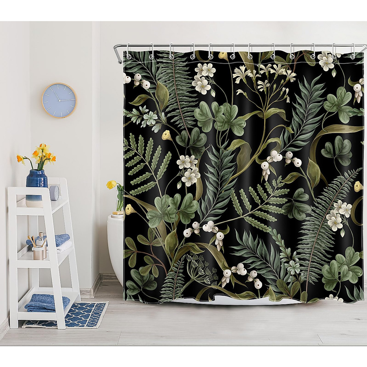 EOBTAIN Green Leaf Shower Curtain for Bathroom Vintage Floral and Fern Plant Leaves on Black Fabric Shower Curtain with 12 Hooks Boho Botanical Bathroom Curtains Shower Set 72x72 Inch