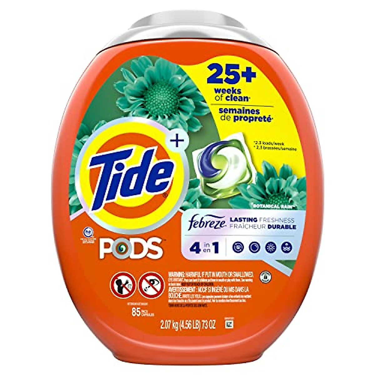 Tide PODS Liquid Laundry Detergent Soap Pacs, 4-n-1 with Febreze, HE Compatible, 85 Count, Lasting Freshness, Botanical Rain Scent