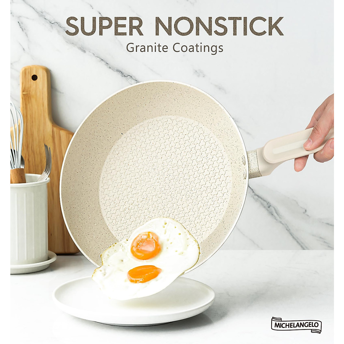 MICHELANGELO Frying Pan with Lid, Nonstick Frying Pan 10 Inch with Non-Toxic Granite Coatings, Nonstick Frying Pan with Lid, Stone Skillet, Nonstick Pan 10 Inch, Induction Compatible
