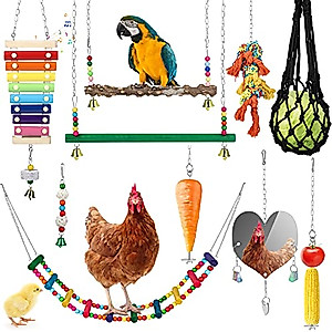 Tiibot 10 Pieces Chicken Toys Set for Hens Including Chicken Xylophone Toy Chicken Coop Mirrors Swing Ladder Toys Chicken Pecking Toys Veggies Skewer Vegetable Hanging Feeder for Chicken Coop