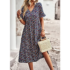 Vaiaye Women Short Sleeve Floral Boho Dress Summer Sundress Casual Wrap V Neck A-Line Bohemian Maxi Dresses Royal Blue