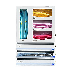 EMRAK 4 in 1 Zipper Bag Storage Organizer for Gallon, Snack, Sandwich and Quart with 3 Dispenser for Aluminum foil, Plastic Foil, Paper Wax, Made with Natural Bamboo Material