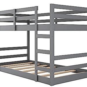 Low Bunk Beds Twin Over Twin Floor Bunk Bed Wood Bunkbed Frame for Kids Toddlers Boys Girls Teens’ Bedroom Dorm, Gray