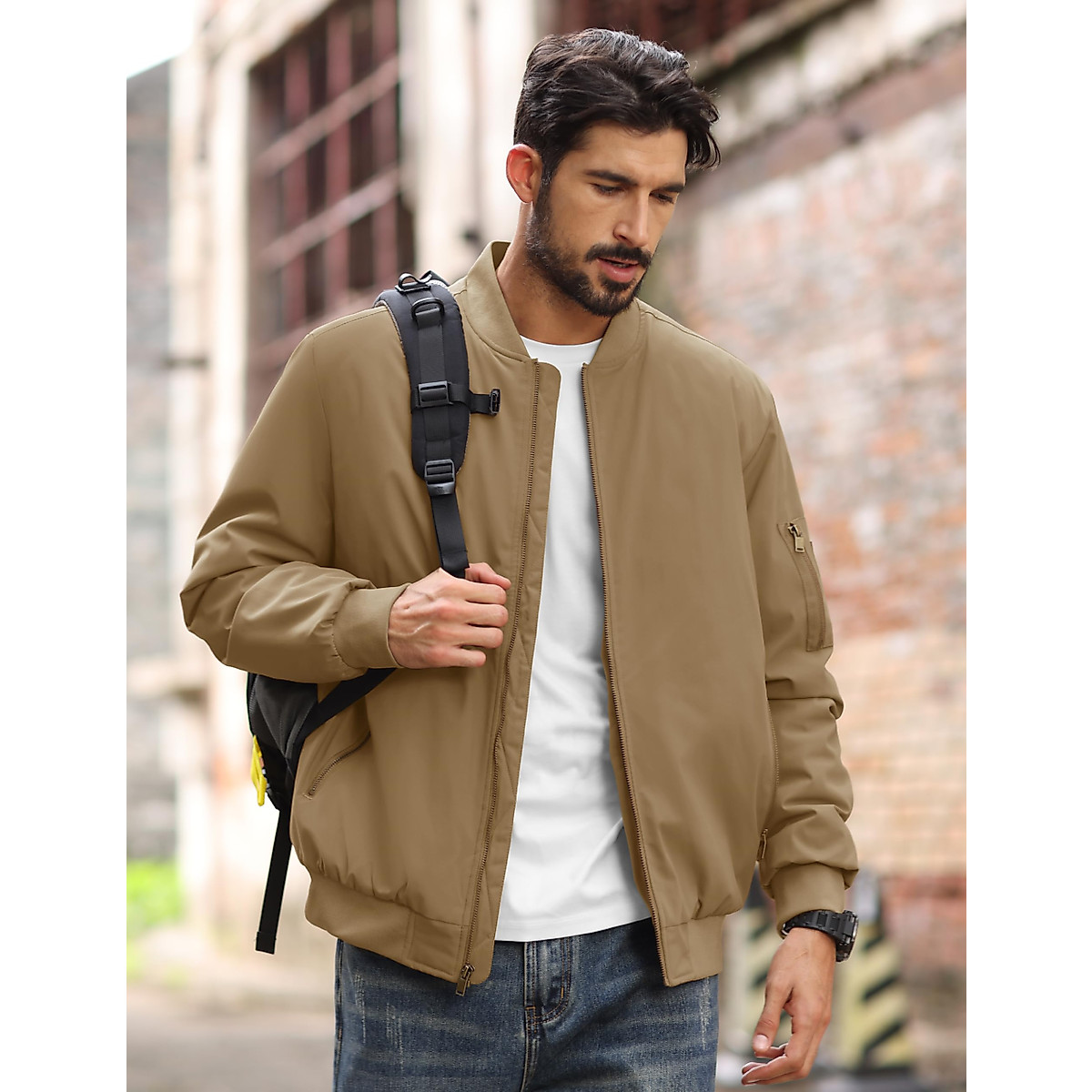 MAGCOMSEN Mens Bomber Jacket Fall Quilted Lining Lined Warm Jacket Full Zip Work Jackets Winter Casual Jacket Khaki XL